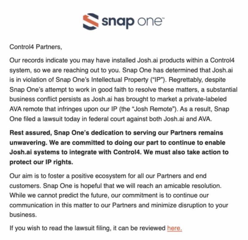 Snap One and Control4 Sue Josh.ai Over AVA Remote – rAVe [PUBS]